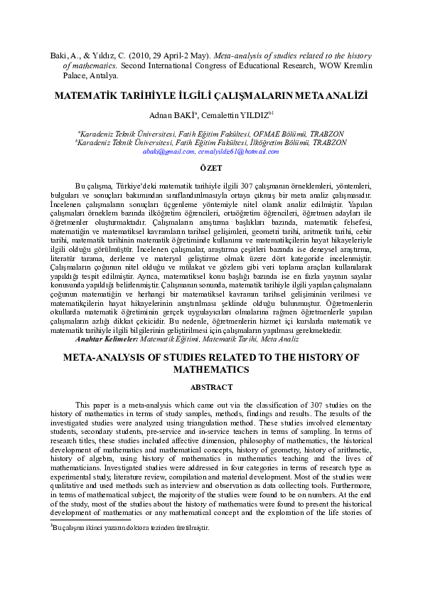 (DOC) META-ANALYSIS OF STUDIES RELATED TO THE HISTORY OF MATHEMATICS