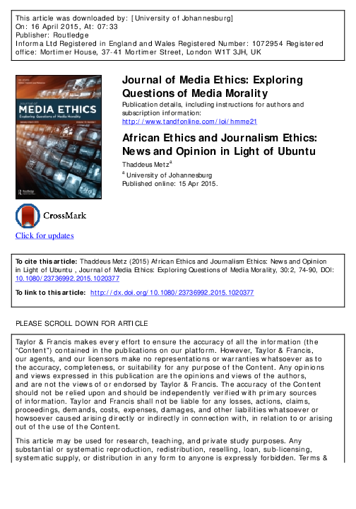 (PDF) African ethics and journalism ethics : news and opinion in light ...