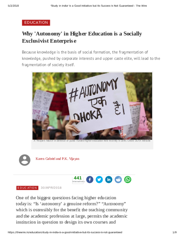 (PDF) Autonomy in Higher Education is Socially Exclusive Enterprise