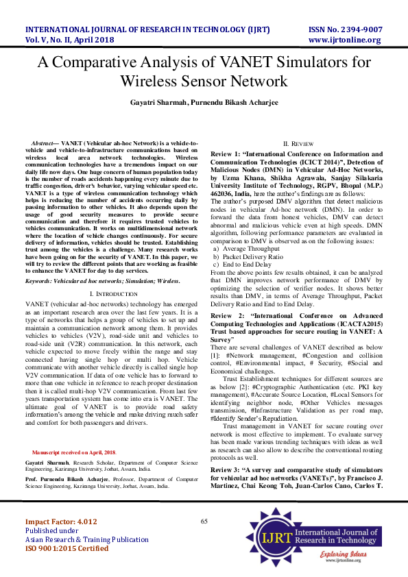 (PDF) A Comparative Analysis of VANET Simulators for Wireless Sensor Network | IJRT Online ...