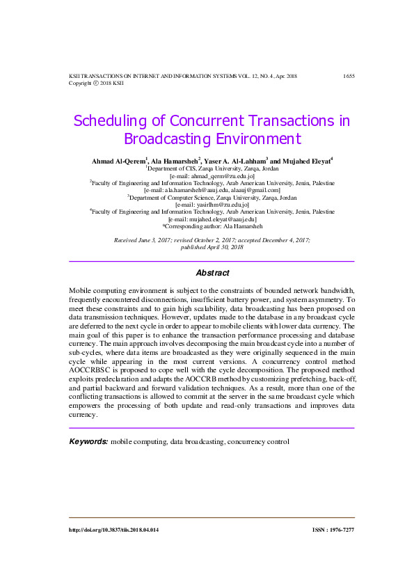Pdf Scheduling Of Concurrent Transactions In Broadcasting Environment Ala Hamarsheh