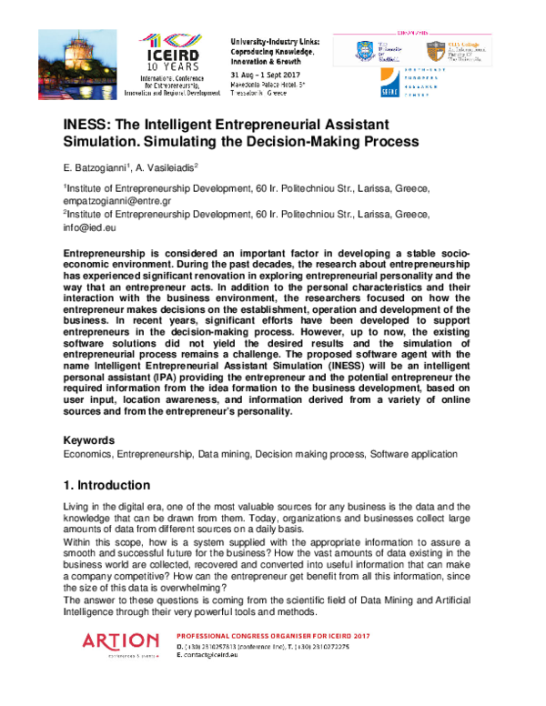 (PDF) INESS: The Intelligent Entrepreneurial Assistant Simulation. Simulating the Decision ...