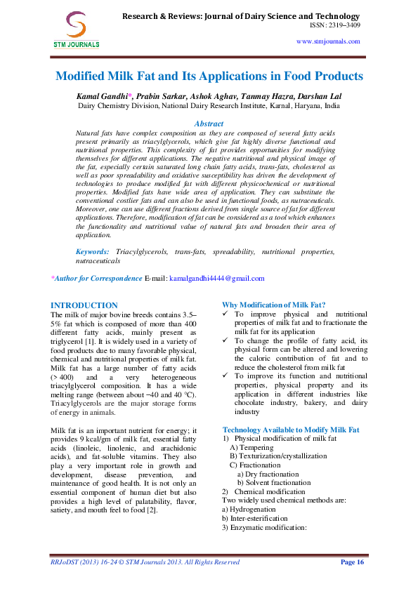 (PDF) Modified Milk Fat and Its Applications in Food Products