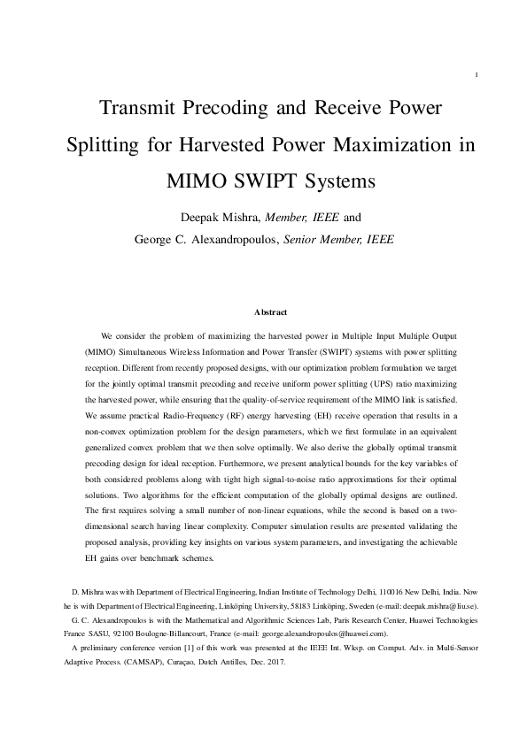 Transmit Precoding And Receive Power Splitting For Harvested Power Maximization In Mimo Swipt