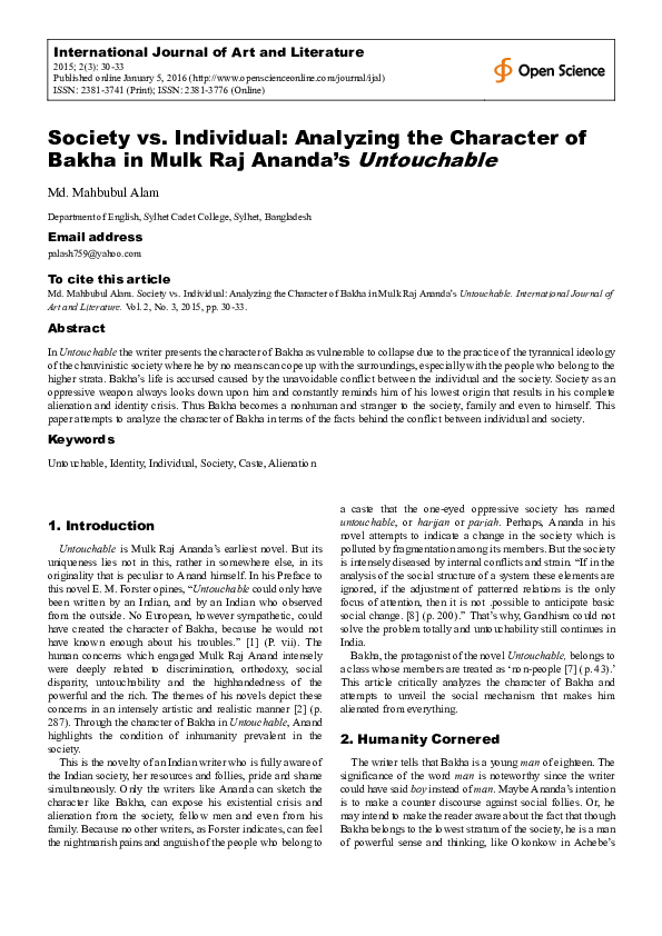 (PDF) Society vs. Individual: Analyzing the Character of Bakha in Mulk ...