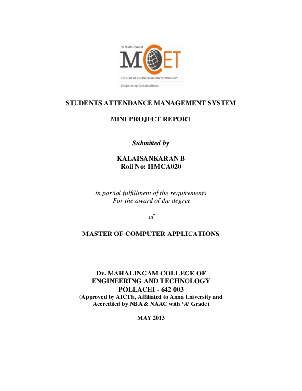 (PDF) STUDENTS ATTENDANCE MANAGEMENT SYSTEM MINI PROJECT REPORT