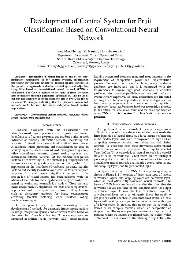 Pdf Development Of Control System For Fruit Classification Based On Convolutional Neural Network