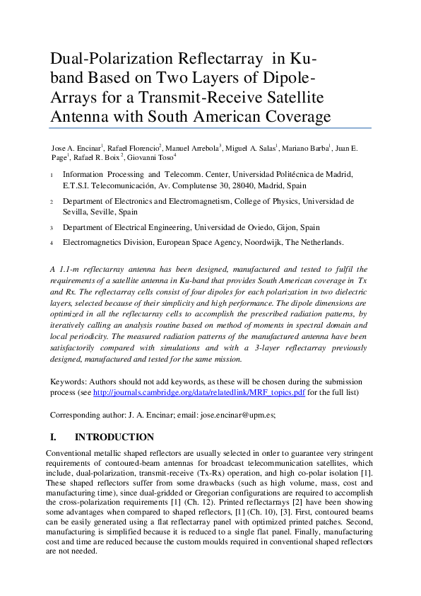 Pdf Dual Polarization Reflectarray In Ku Band Based On Two Layers Of