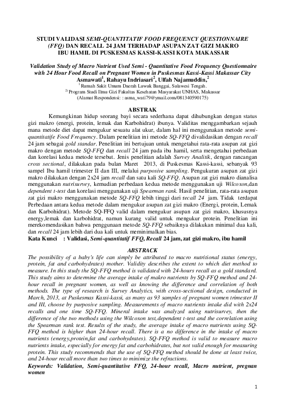 (PDF) STUDI VALIDASI SEMI-QUANTITATIF FOOD FREQUENCY QUESTIONNAIRE (FFQ ...