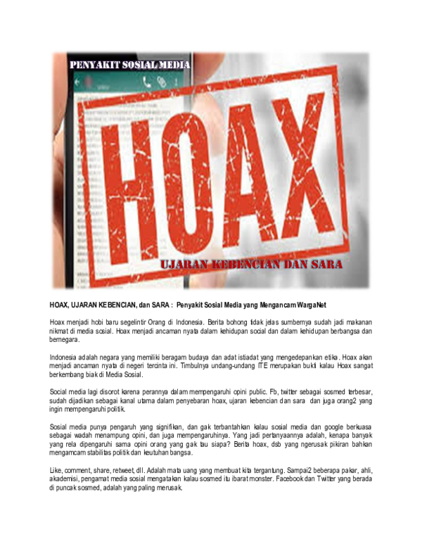 (PDF) HOAX, UJARAN KEBENCIAN, dan SARA : Penyakit Sosial Media yang Mengancam WargaNet