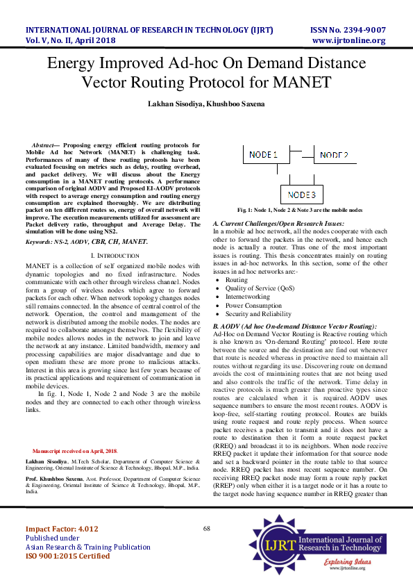 Pdf Energy Improved Ad Hoc On Demand Distance Vector Routing Protocol For Manet