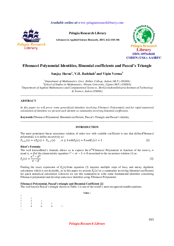 (PDF) Fibonacci Polynomial Identities, Binomial coefficients and Pascal ...