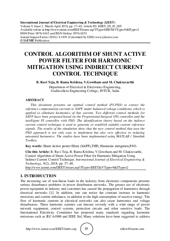 (PDF) CONTROL ALGORITHM OF SHUNT ACTIVE POWER FILTER FOR HARMONIC MITIGATION USING INDIRECT ...