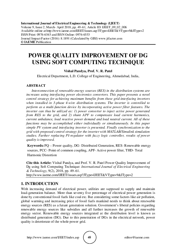 (PDF) POWER QUALITY IMPROVEMENT OF DG USING SOFT COMPUTING TECHNIQUE
