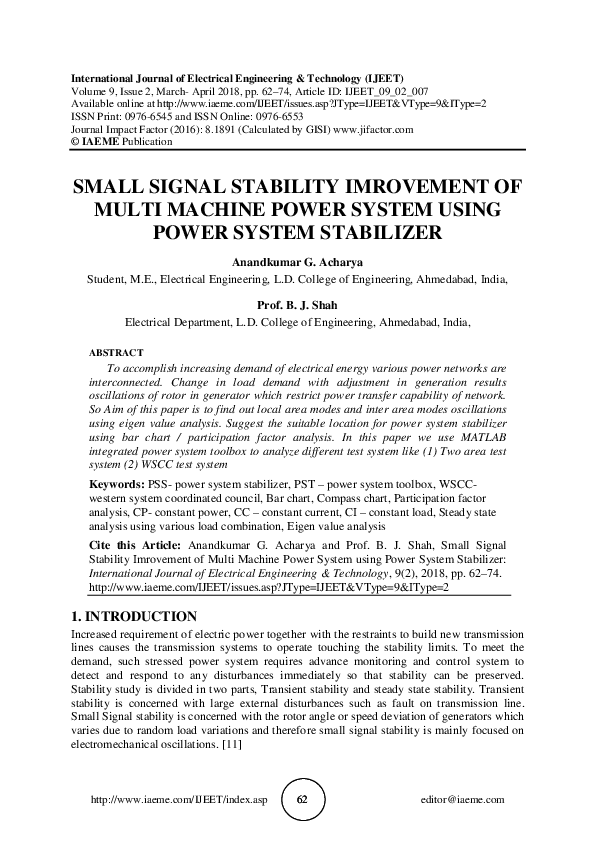 (PDF) SMALL SIGNAL STABILITY IMROVEMENT OF MULTI MACHINE POWER SYSTEM USING POWER SYSTEM ...