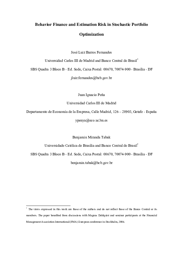 Pdf Behavior Finance And Estimation Risk In Stochastic Portfolio Optimization