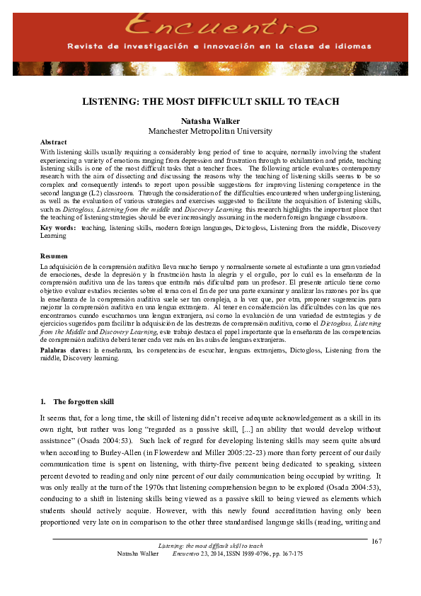 (PDF) Listening: the most difficult skill to teach LISTENING: THE MOST ...