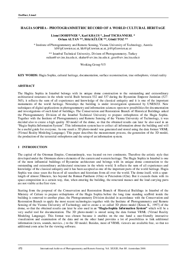 (PDF) Hagia Sophia-Photogrammetric Record of A World Cultural Heritage
