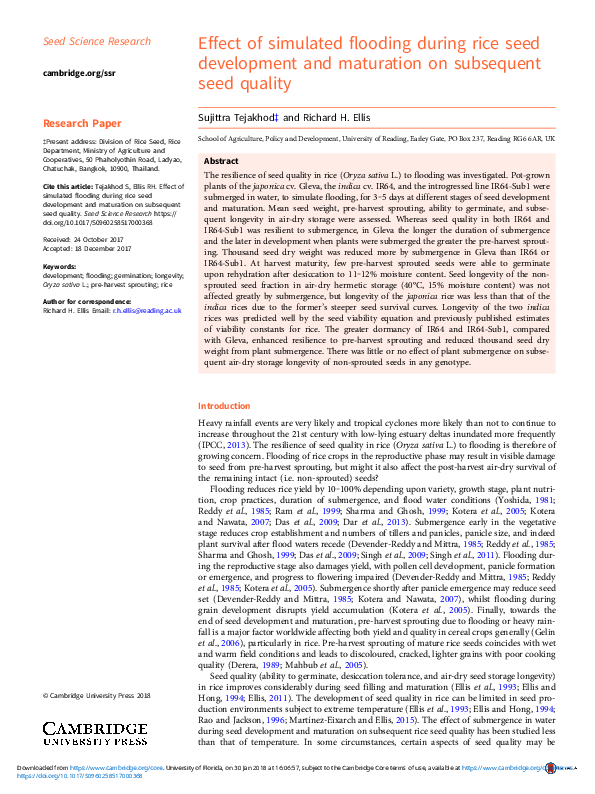 (PDF) Seed Science Research Effect of simulated flooding during rice ...