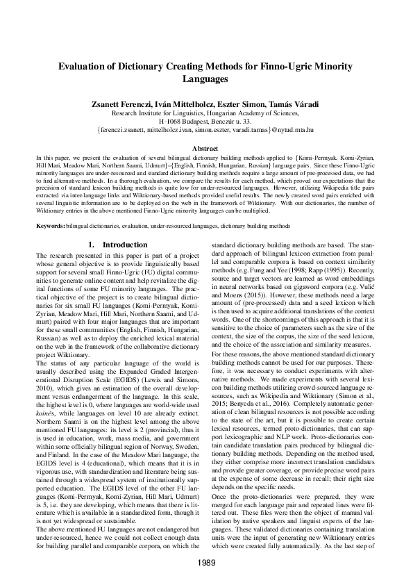 Pdf Evaluation Of Dictionary Creating Methods For Finno Ugric Minority Languages Eszter