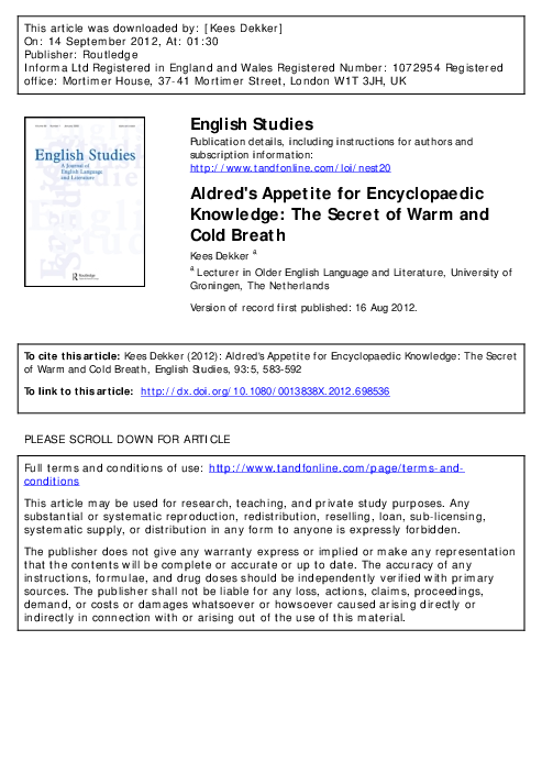 (PDF) English Studies Aldred's Appetite for Encyclopaedic Knowledge: The Secret of Warm and Cold ...