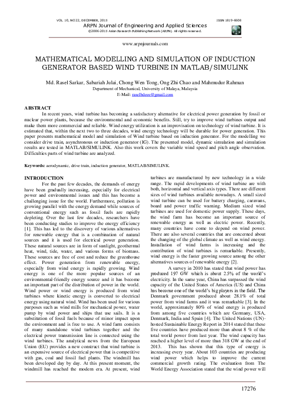 Pdf Mathematical Modelling And Simulation Of Induction Generator Based Wind Turbine In Matlab