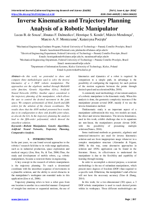 (PDF) Inverse Kinematics and Trajectory Planning Analysis of a Robotic Manipulator