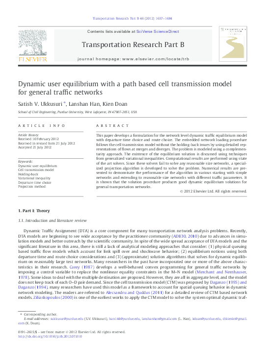 (PDF) Dynamic user equilibrium with a path based cell transmission model for general traffic ...