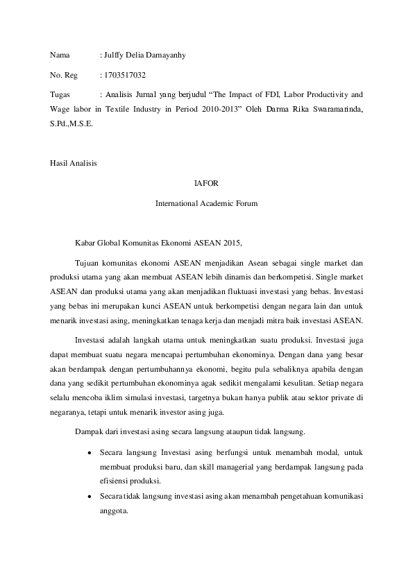 (DOC) Analisis Jurnal yang berjudul “The Impact of FDI, Labor ...