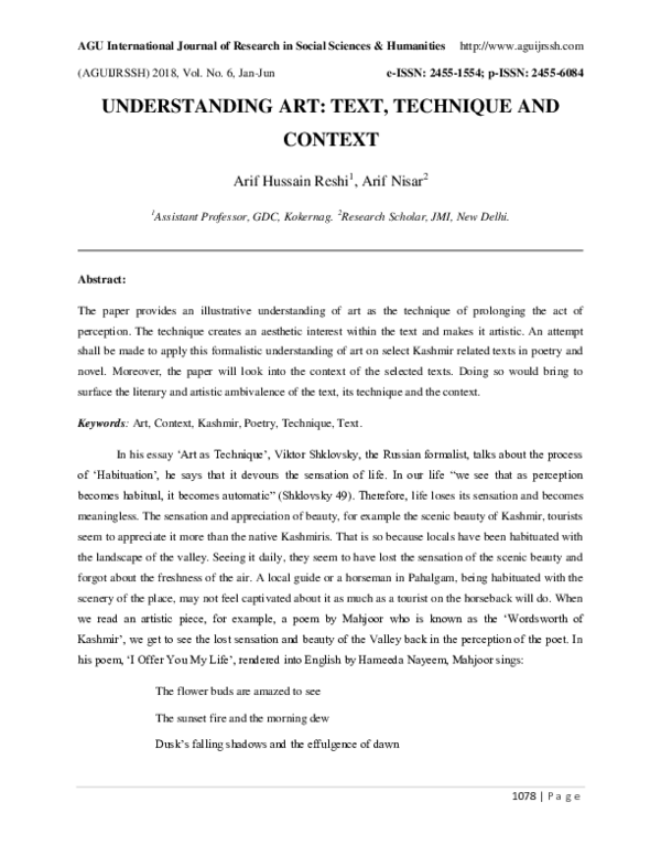 (PDF) UNDERSTANDING ART: TEXT, TECHNIQUE AND CONTEXT