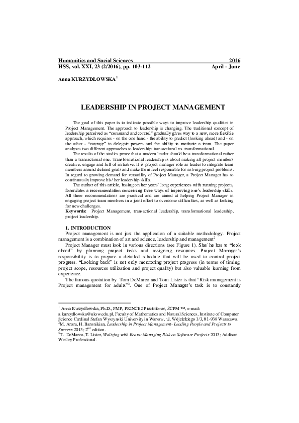 (PDF) LEADERSHIP IN PROJECT MANAGEMENT