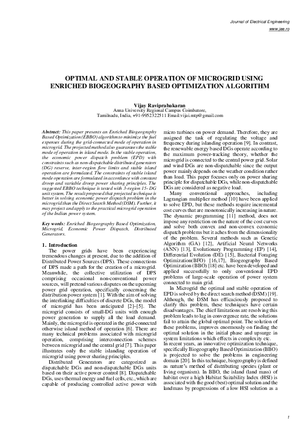 (PDF) OPTIMAL AND STABLE OPERATION OF MICROGRID USING ENRICHED BIOGEOGRAPHY BASED OPTIMIZATION ...