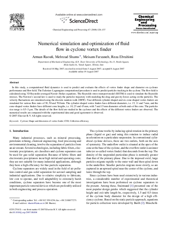 (PDF) Numerical simulation and optimization of fluid flow in cyclone vortex finder