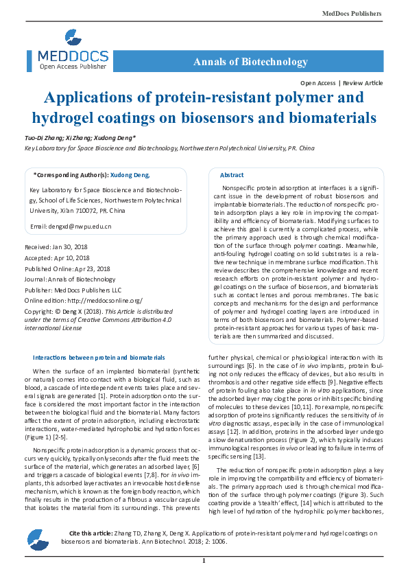 (PDF) Applications of protein-resistant polymer and hydrogel coatings ...