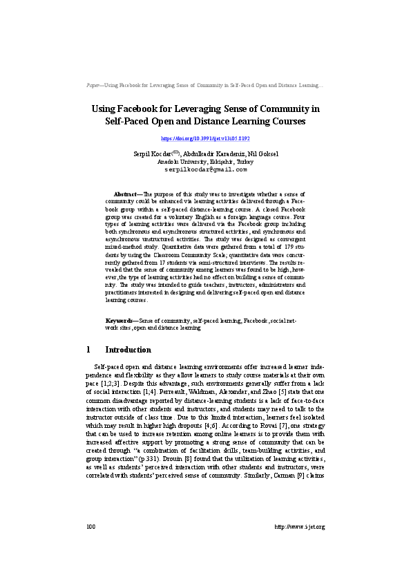 (PDF) Enhancing Community in Distance Learning via Facebook