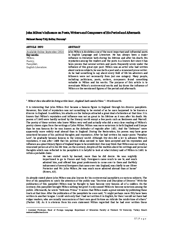 (PDF) John Milton’s Influence on Poets, Writers and Composers of His ...