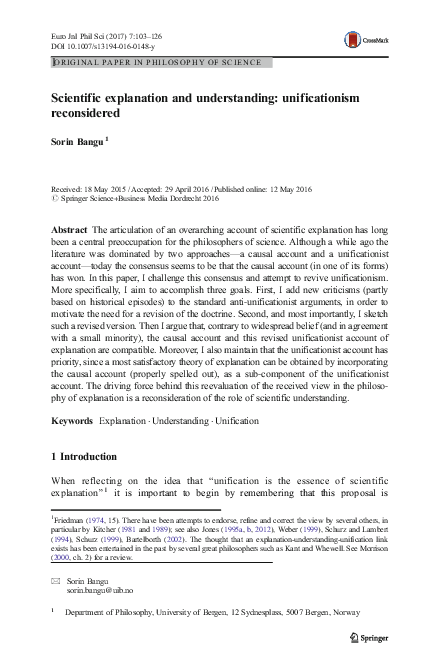 (PDF) Scientific Explanation and Understanding: Unificationism ...