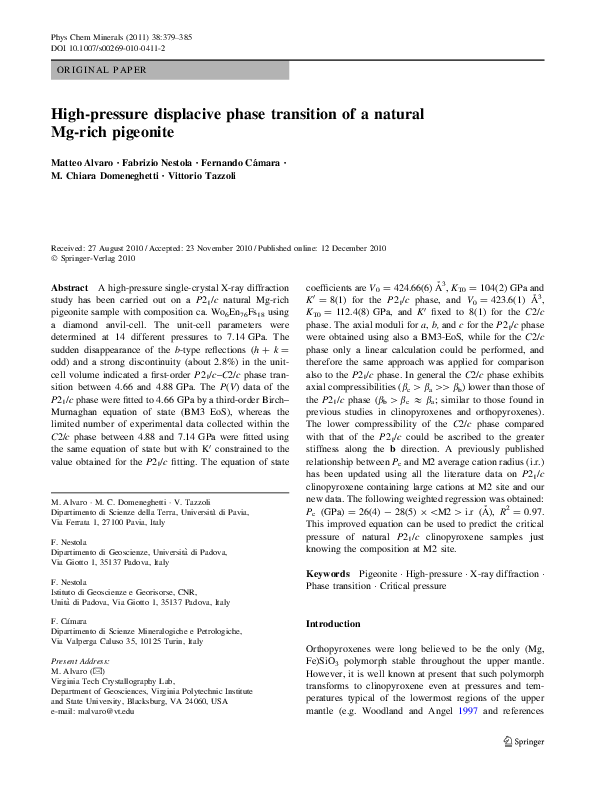 (PDF) High-pressure displacive phase transition of a natural Mg-rich pigeonite | M. Alvaro and V ...