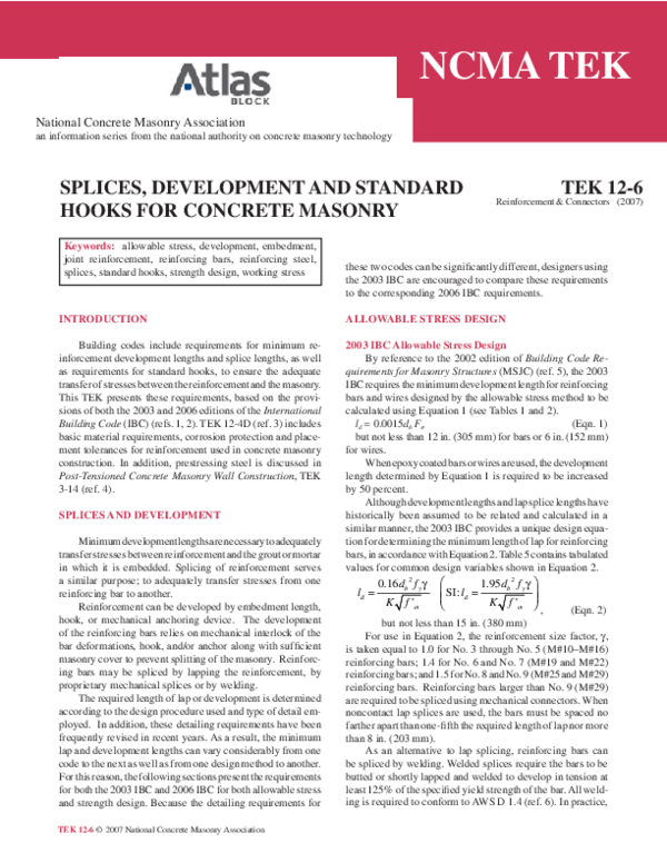 (PDF) SPLICES, DEVELOPMENT AND STANDARD HOOKS FOR CONCRETE MASONRY TEK 12-6