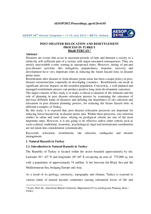 (PDF) POST DISASTER RELOCATION AND RESETTLEMENT PROCESS IN TURKEY