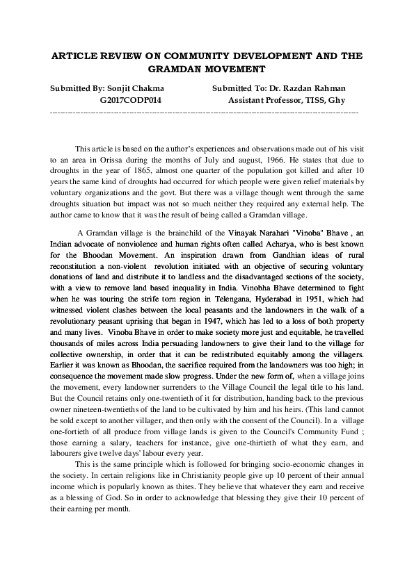 (DOC) ARTICLE REVIEW ON COMMUNITY DEVELOPMENT AND THE GRAMDAN MOVEMENT