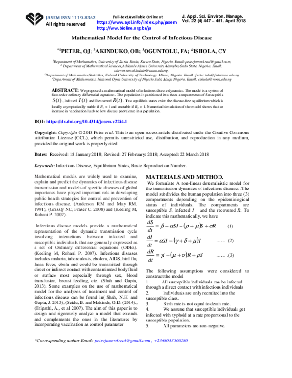 Pdf Mathematical Model For The Control Of Infectious Disease 