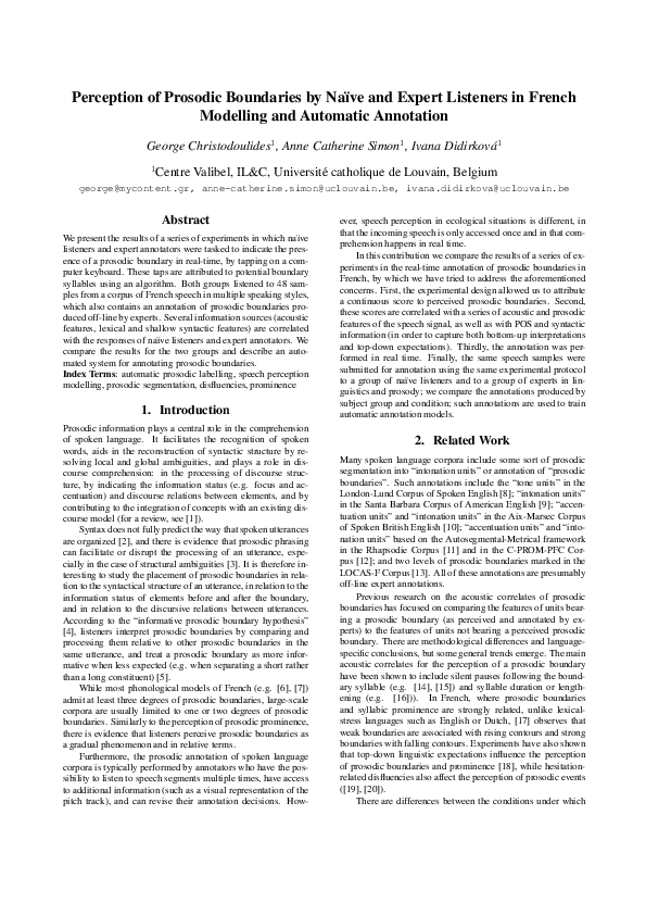 Pdf Perception Of Prosodic Boundaries By Naïve And Expert Listeners In French Modelling And