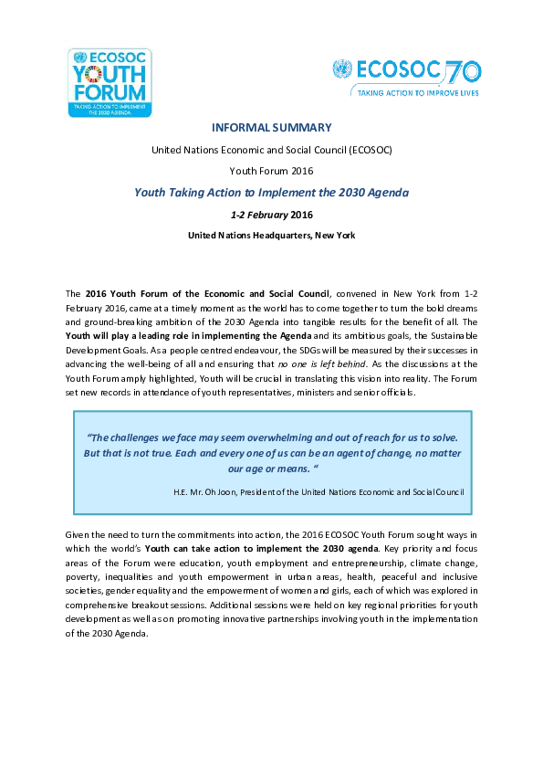 (PDF) INFORMAL SUMMARY Youth Taking Action to Implement the 2030 Agenda