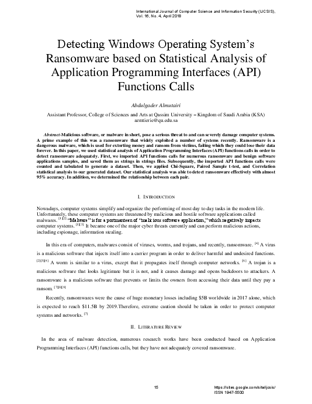 Pdf Detecting Windows Operating Systems Ransomware Based On Statistical Analysis Of