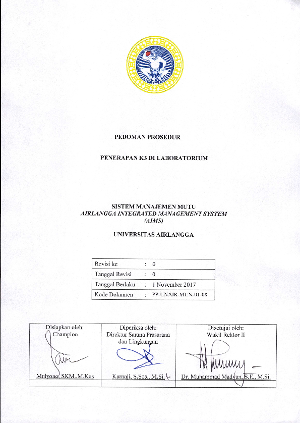 (PDF) PEDOMAN PROSEDUR PENERAPAN K3 DI LABORATORIUM SISTEM MANAJEMEN MUTU AIRLANGGA INTEGRATED ...