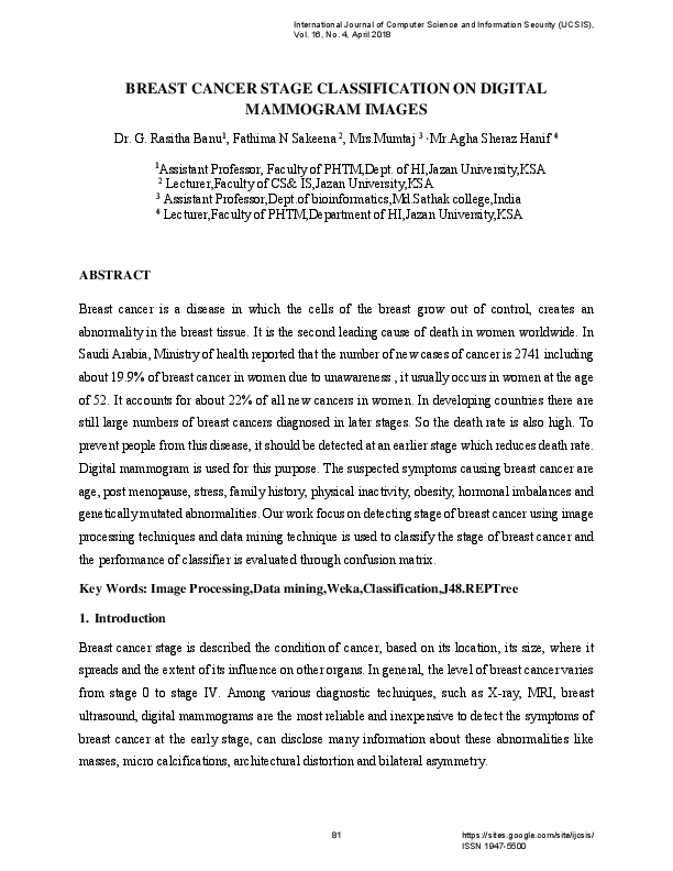 (PDF) BREAST CANCER STAGE CLASSIFICATION ON DIGITAL MAMMOGRAM IMAGES