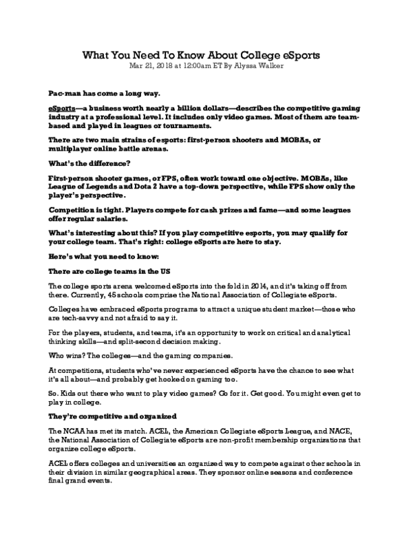 (DOC) Education Article about eSports