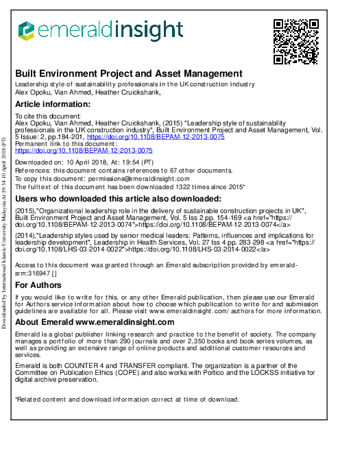 (PDF) Built Environment Project and Asset Management Leadership style ...