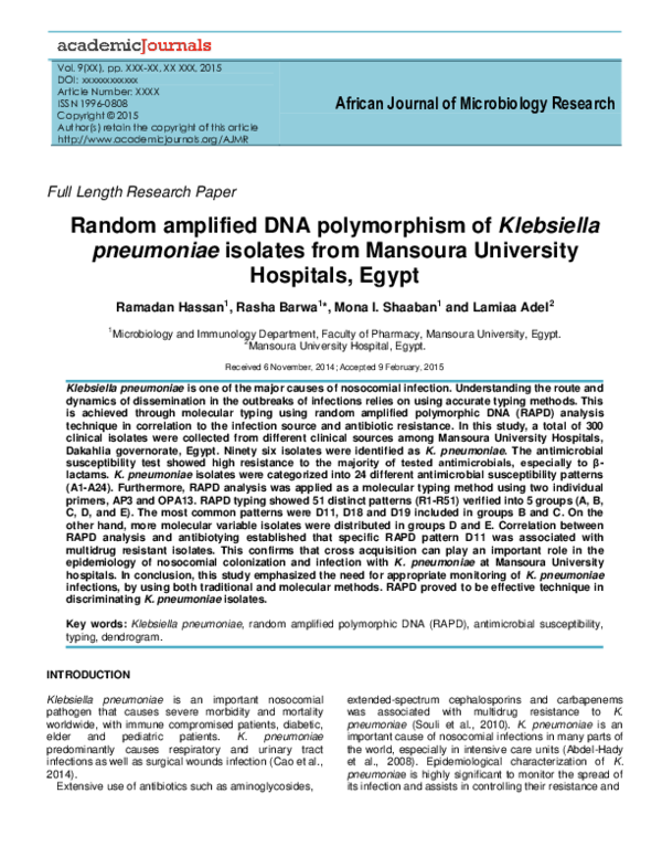 (PDF) African Journal of Microbiology Research Random amplified DNA ...
